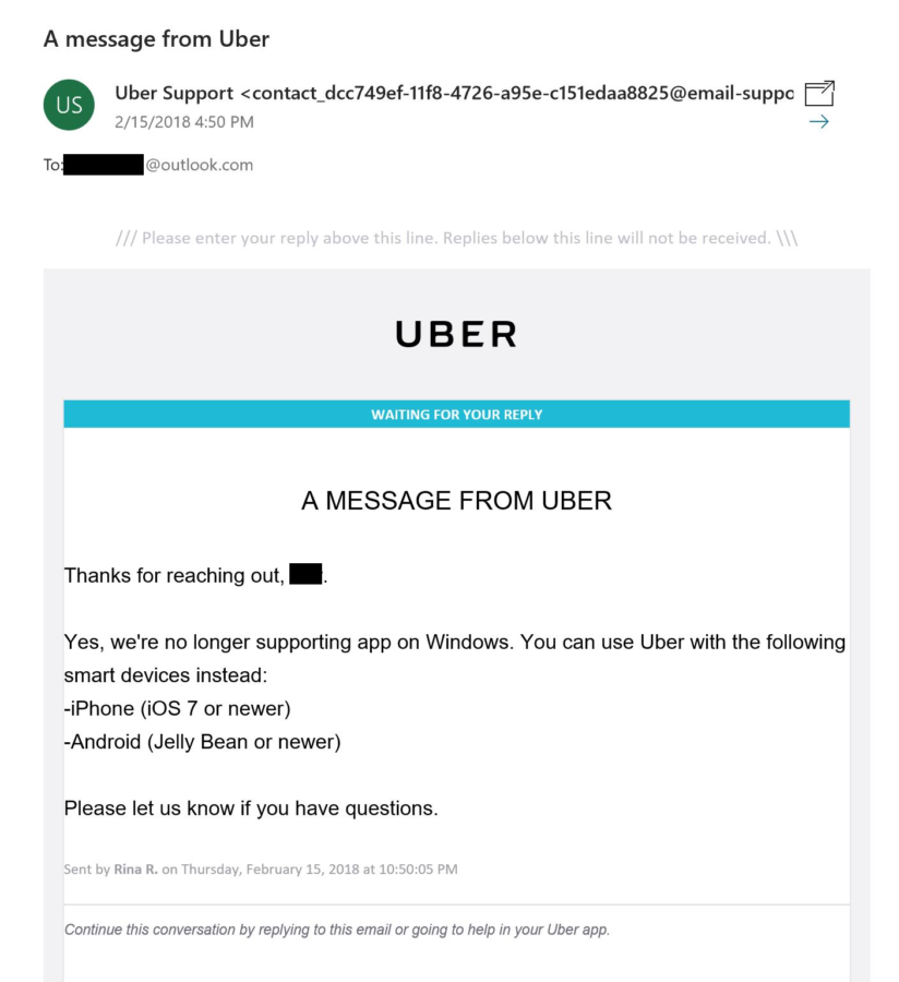 Uber app for Windows 10 no longer supported
