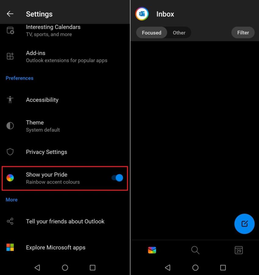 Outlook for Android updated with Rainbow Accent Colours