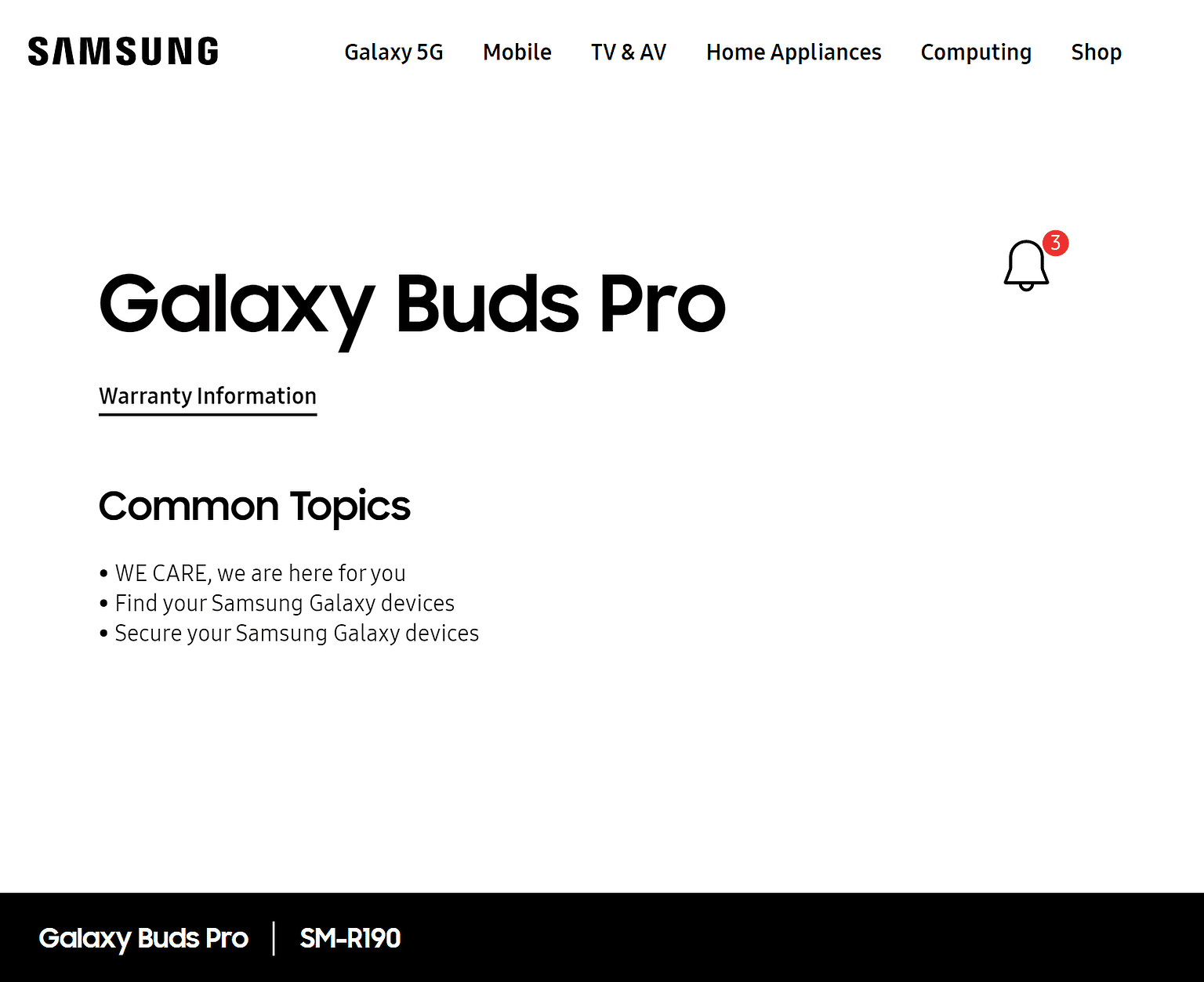 Samsung Galaxy Buds Pro support page shows up