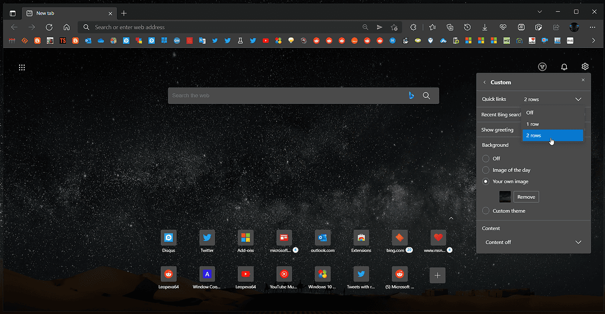 You can now have 2 rows of shortcuts on the Edge New Tab Page