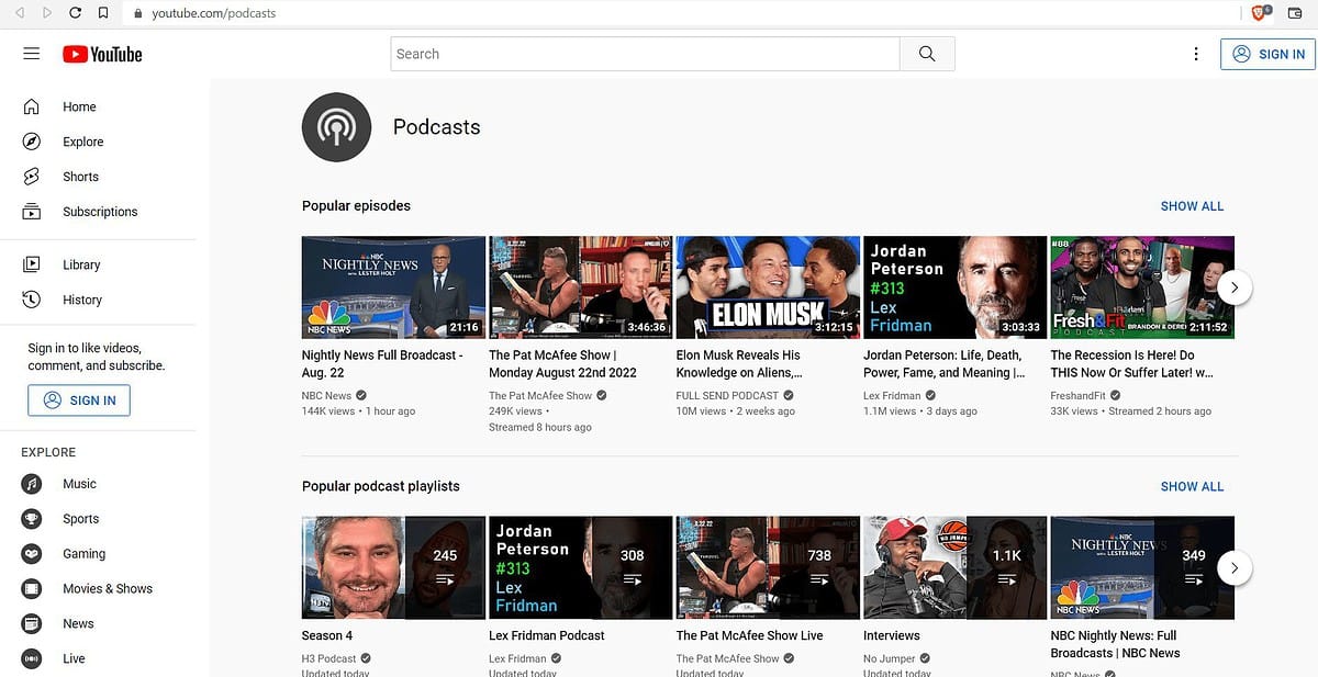 YouTube podcast page now available in the US