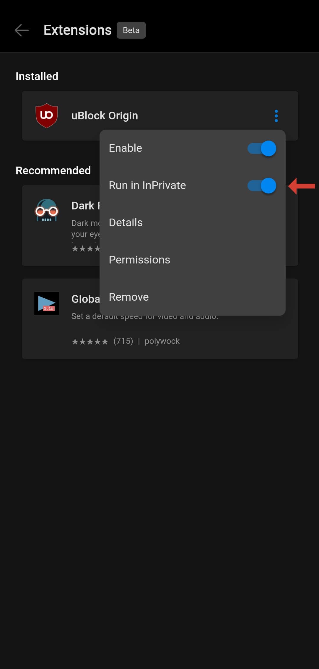 Microsoft Edge on Android testing extensions functionality in incognito ...