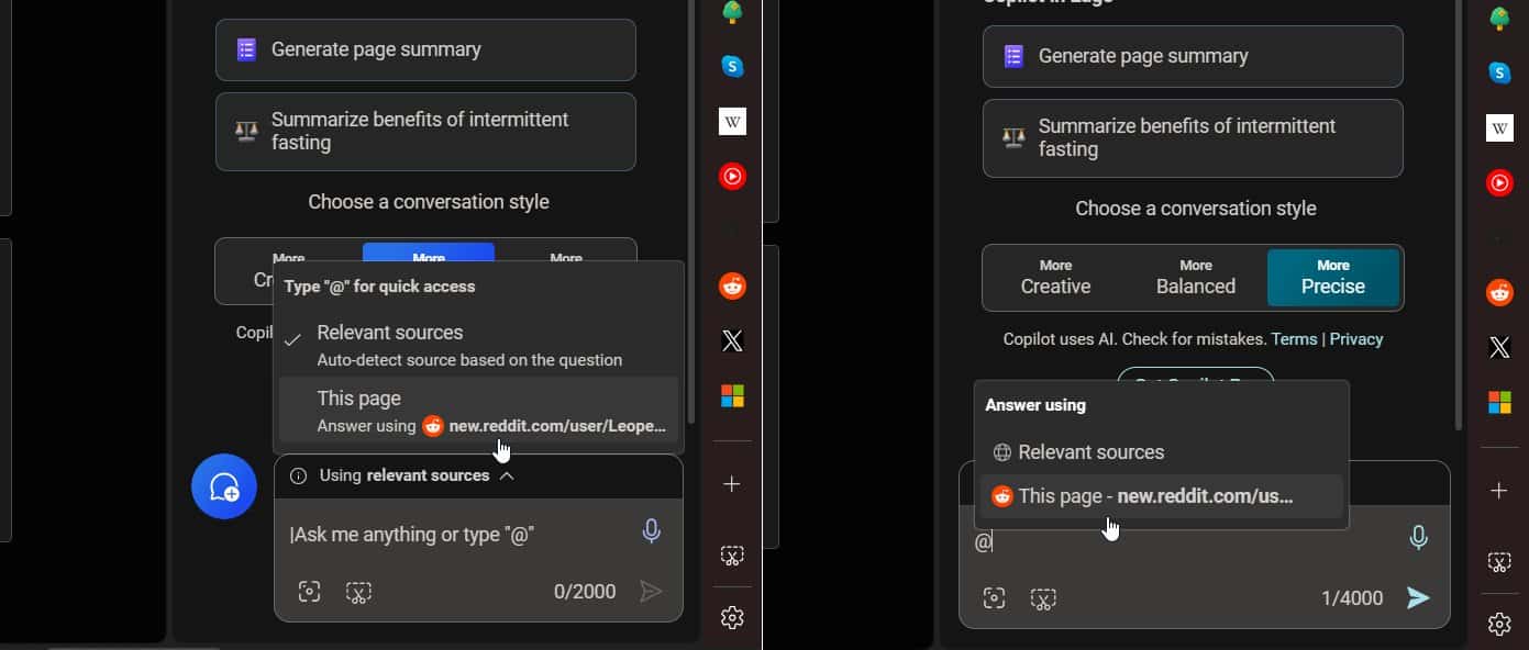 Edge's Copilot now gives options to select the sources from - all web ...