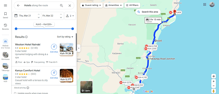 Hotels Along My Route on Google Maps - How To Find Them