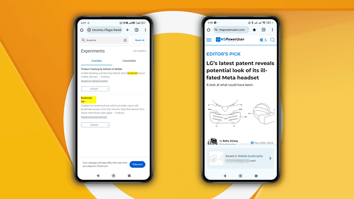 Chrome on Android tests bookmark bar & PDF assist content