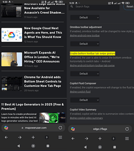 Edge on Android Tests Bottom Address Bar Tab Swipe Gesture