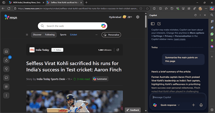 Microsoft Edge Integrates Copilot's Summarize Button for MSN News Articles